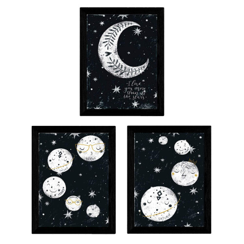 Set of 3 prints of nine planets and moon in A3 size, Poster. Frameless ...