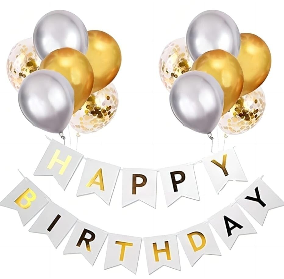 Metallic Gold and Silver Happy Birthday Banner Kit, 16 Pcs Birthday ...