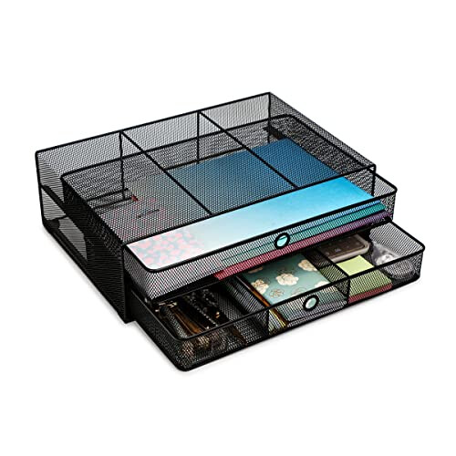 Monitor Display Stand with Drawers - 2in1 Mesh Wire Desk Organiser ...