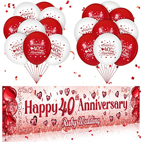 19 Pcs 40th Ruby Anniversary Decorations Set Include Happy 40th Anniversary Ruby Wedding Banner ...