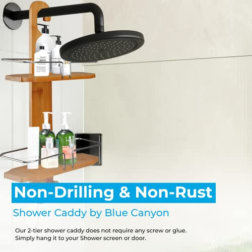 Bamboo Shower Caddy 2 Tier Hanging Caddy, No Drill Bamboo Bathroom ...