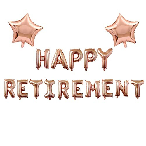 Happy Retirement Letter Balloons Banner with 2 Rose Gold Star Balloons ...