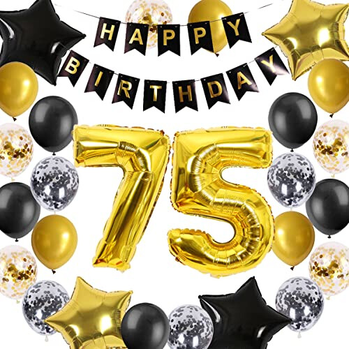 75th Birthday Decorations Black Gold for Men Women, Happy Birthday ...