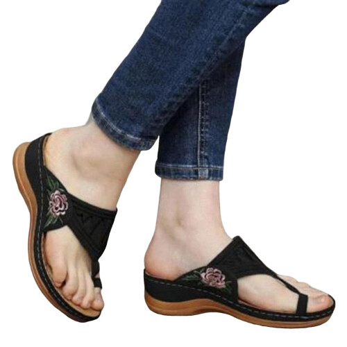 (Black, 37) Women's Wedge Flip Flops Arch Support High Increased Solid ...