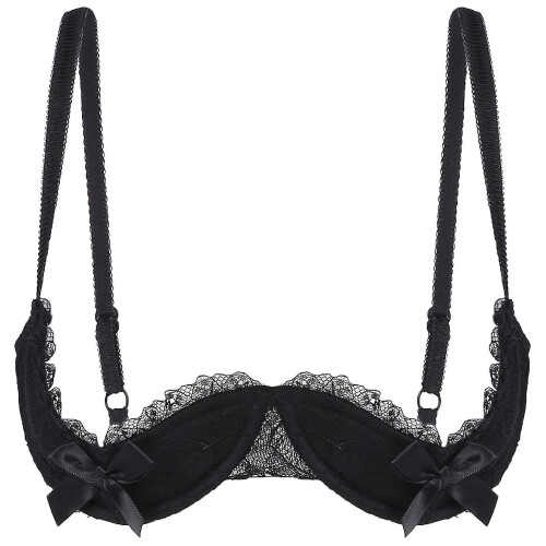 Womens 1/4 Cups Underwire Bra Halter Neck O Ring Sheer Lace Push Up ...