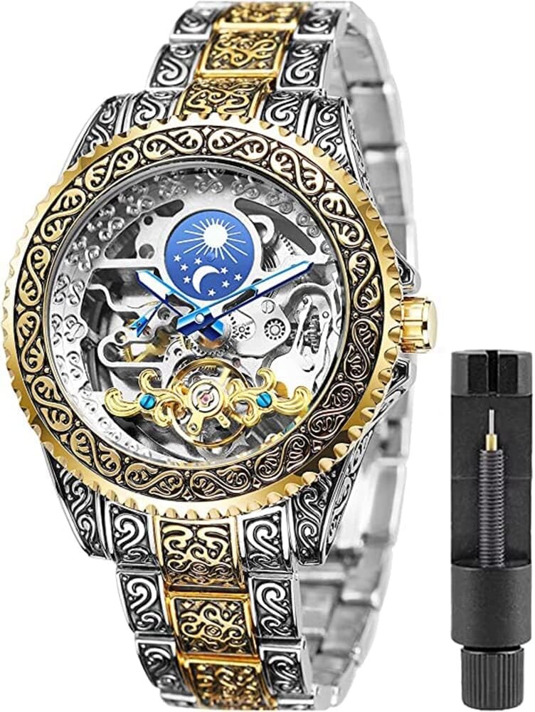 Luxury Vintage Automatic Men Watch Engraved Carved Watch Rotatable ...