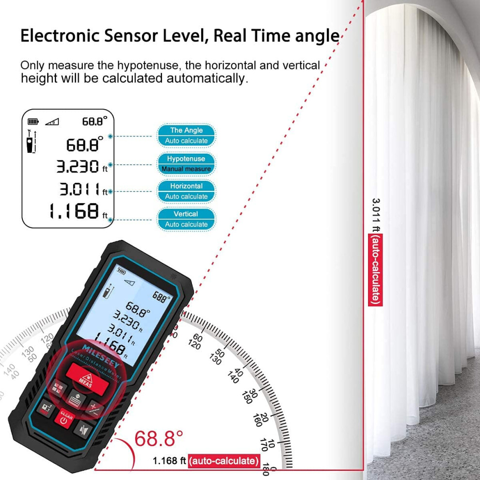 70M Laser Measure Device MiLESEEY 229ft Digital Laser Tape Measure with Upgrade Electronic Angle Sensor 2mm Accuracy Area Measurement Volume and