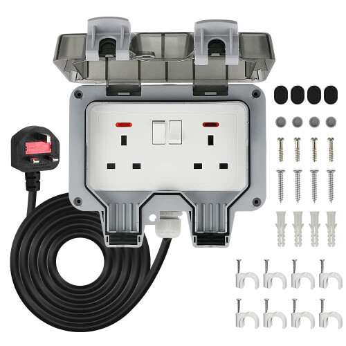 Outdoor Socket, Outdoor Double Plug Sockets Waterproof IP66 with 3m ...