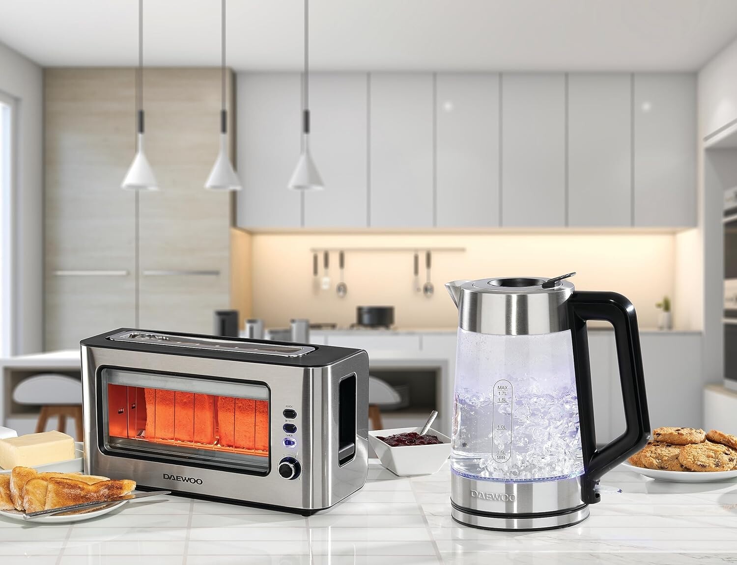 Daewoo 1.7L 3000W Matching Glass Kettle and Toaster Set 2 Slice ...
