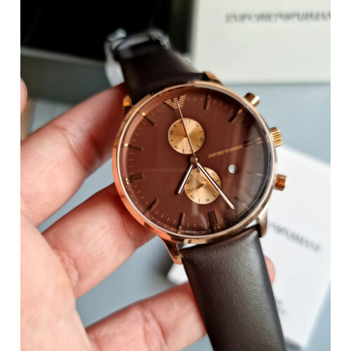 Armani Men Watch AR0387 Brown Leather Strap Brown Dial Rose Gold Case