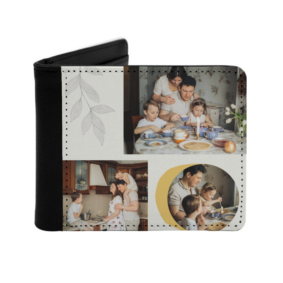 (Simple Cream with Leaves Multi-Frame Family) Custom Leather Bifold ...