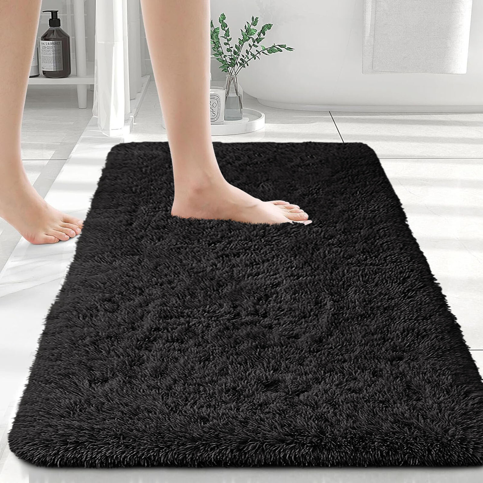 (50x80 cm- Small Bath Mat, Black) Non Slip Bath Mats Soft Shaggy ...