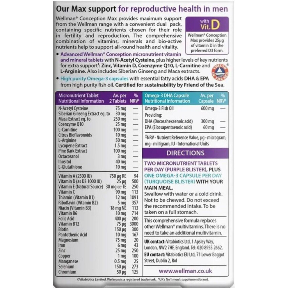 Vitabiotics Wellman Conception Max - 84 Tablets for male fertility with ...