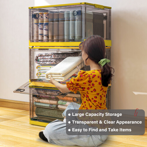 (Yellow, Medium) 3 Pack Collapsible Storage Box Stackable Clear Plastic ...