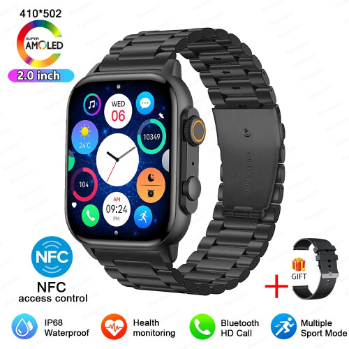 (Black Steel, AMOLED original) Smartwatch Men Women NFC AMOLED Screen Always Show Time Clock ...