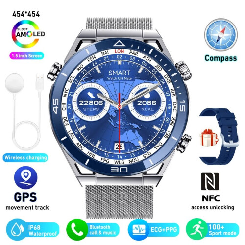 (Mesh blue, AMOLED Call) 2023 NEW NFC ECG+PPG Smartwatch GPS Tracker Motion Bluetooth Call Smart ...