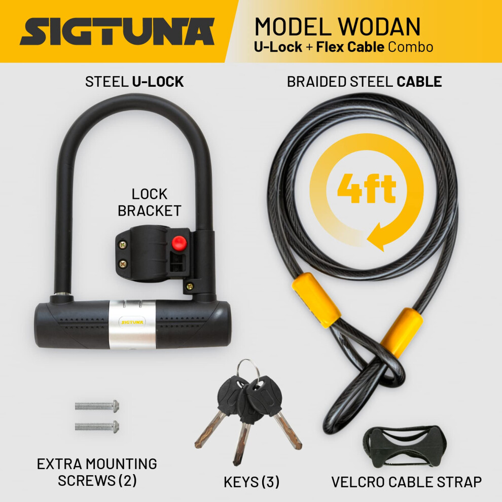 SIGTUNA Bike lock 16mm Heavy Duty Bicycle U Lock Shackle and Mount Holder 1.2m Steel Chain Cable and 3 High Security Keys for Road Bike Electric