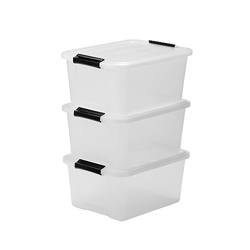 Iris Ohyama, Plastic storage boxes with lid and closing clips, 15L, Set ...