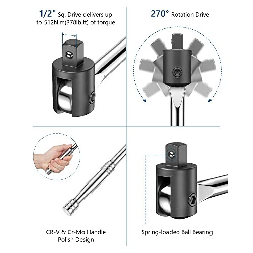 1/2-Inch Drive Breaker Bar with Socket Set, MAPOWER 600mm Breaker Bar ...