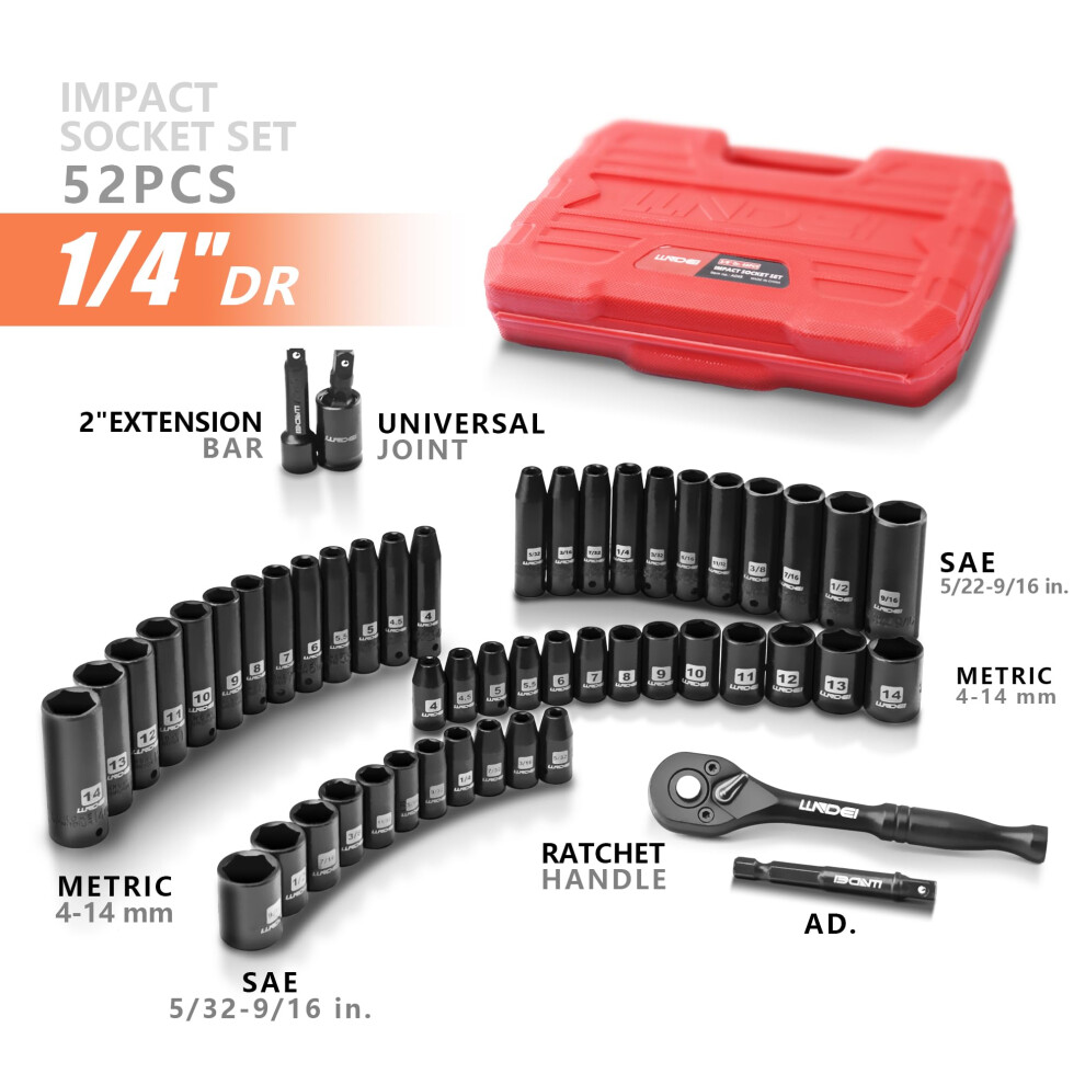 LLNDEI 1 4 Drive Impact Socket Set 52 PCS Mechanic Tool Set with 72 Tooth Ratchet Adapter CR V Metric and SAE Sockets with Storage Tool Kit for on OnBuy