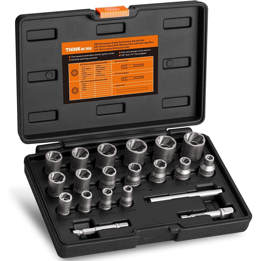 THINKWORK Bolt Extractor Set 20 Pieces Impact Bolt Nut Remover Set Stripped Lug Nut Remover Extraction Socket Set for Removing Damaged Frozen on OnBuy