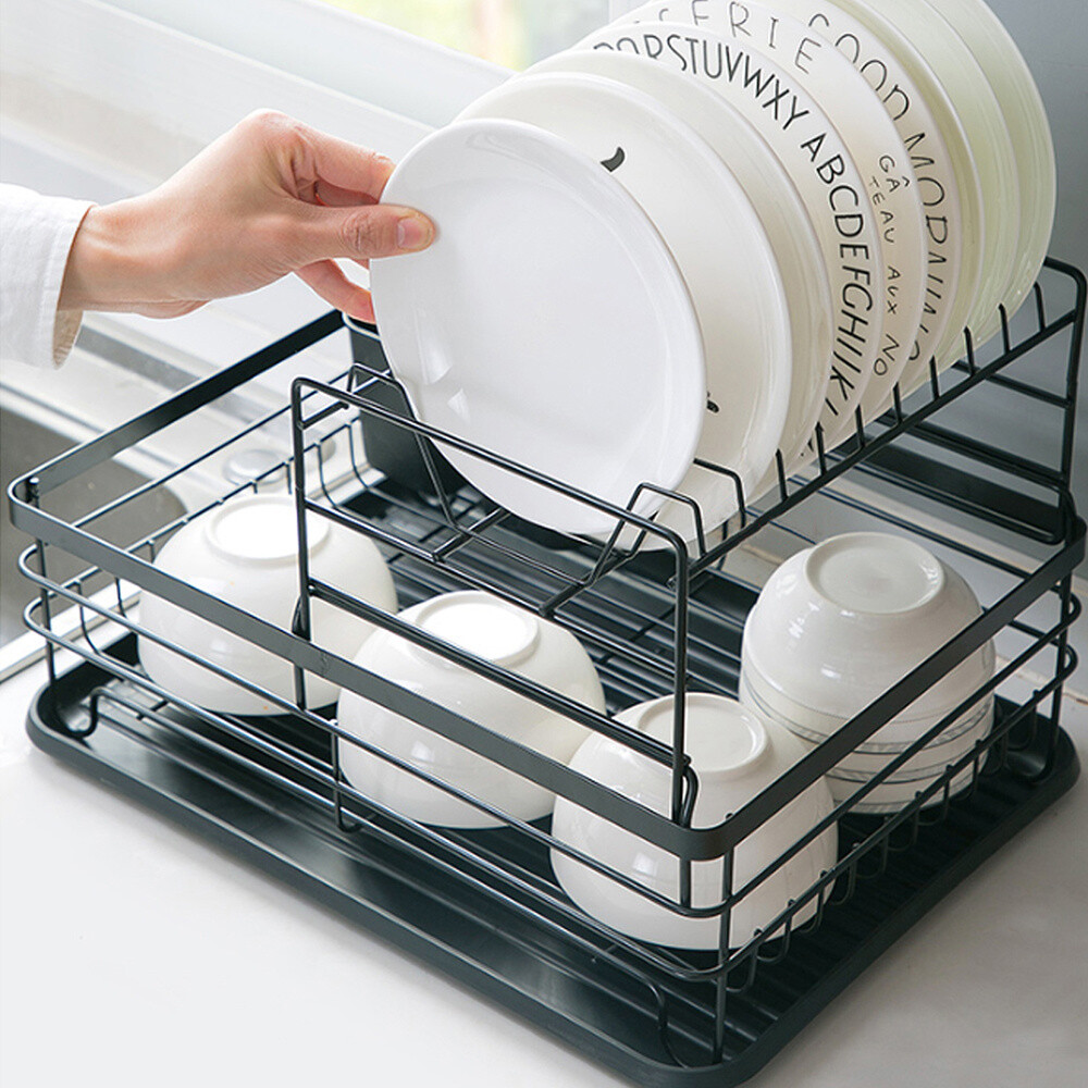 2-Tier Metal Dish Drainer Rack Detachable Storage Drip Tray Sink ...