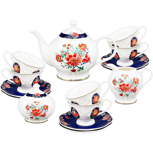 fanquare 21 Piece Porcelain Afternoon Tea Set, Red Floral Coffee on OnBuy