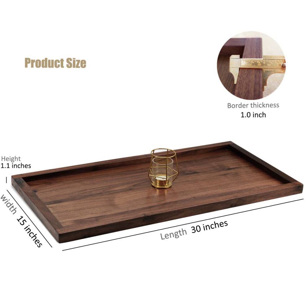 MAGIGO 30 x 15 Inches Large Rectangle Black Walnut Wood Ottoman Tray Serve Tea Coffee Classic Wooden Decorative Walnut Serving Tray
