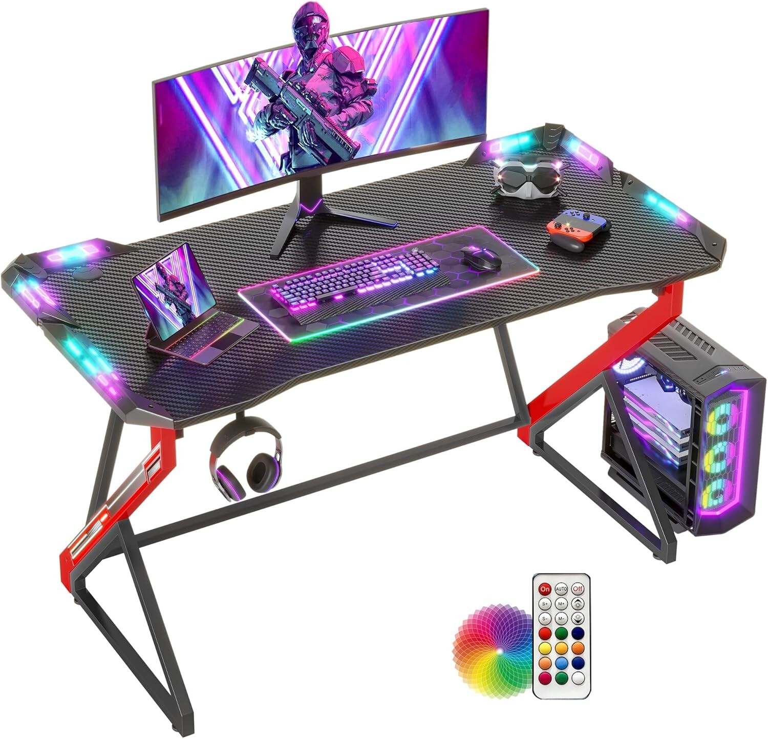 (120 x 60 cm, Carbon Black) Gaming Desk with LED Armor - 100x60 cm ...