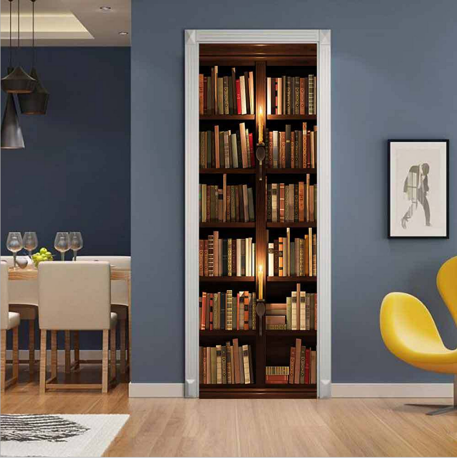 PVC Vintage Bookshelf Door Sticker Wallpaper Wall Decals Mural 3D Home ...