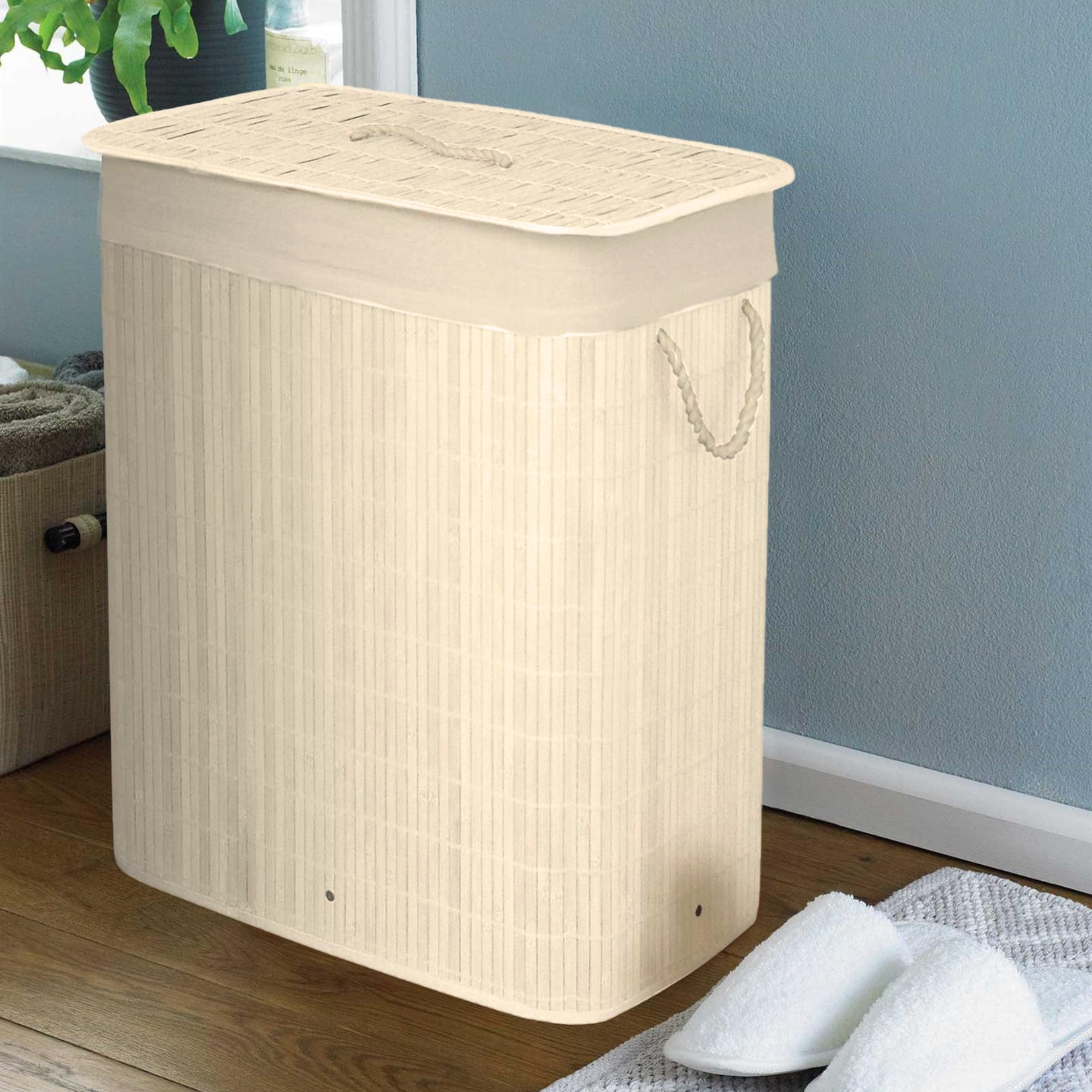 (White) COUNTRY CLUB Oblong Eco-friendly Bamboo Laundry basket with a ...