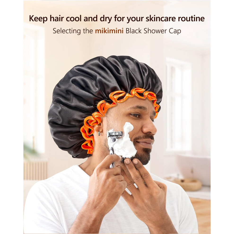 Black Large Shower Cap for Women Long Hair Reusable Waterproof Shower Hats for Men Double Layer Washable Bath Cap for Thick Curly Hair