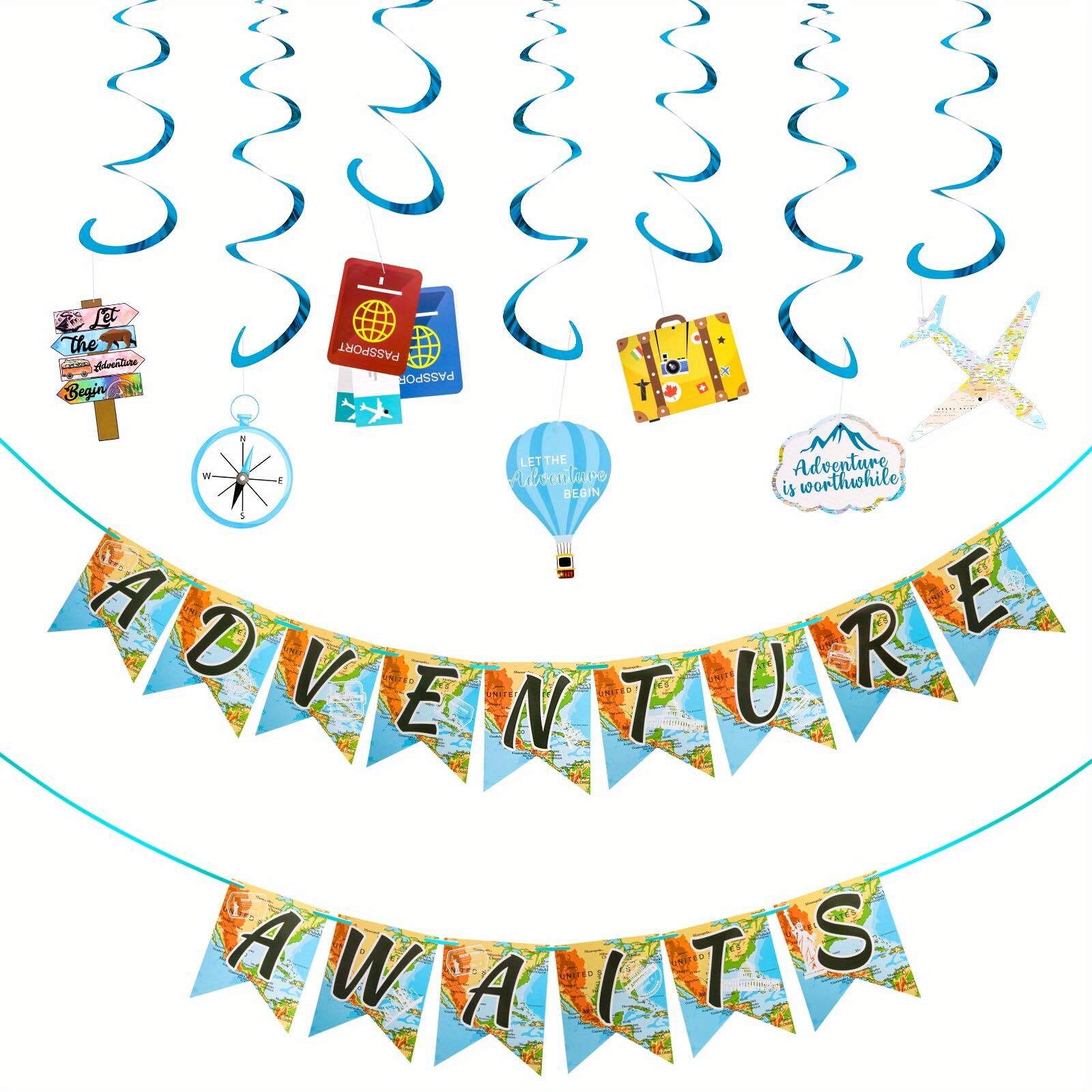 (Blue) Bon Voyage Party Decorations, Travel Themed Party Hanging Swirl ...