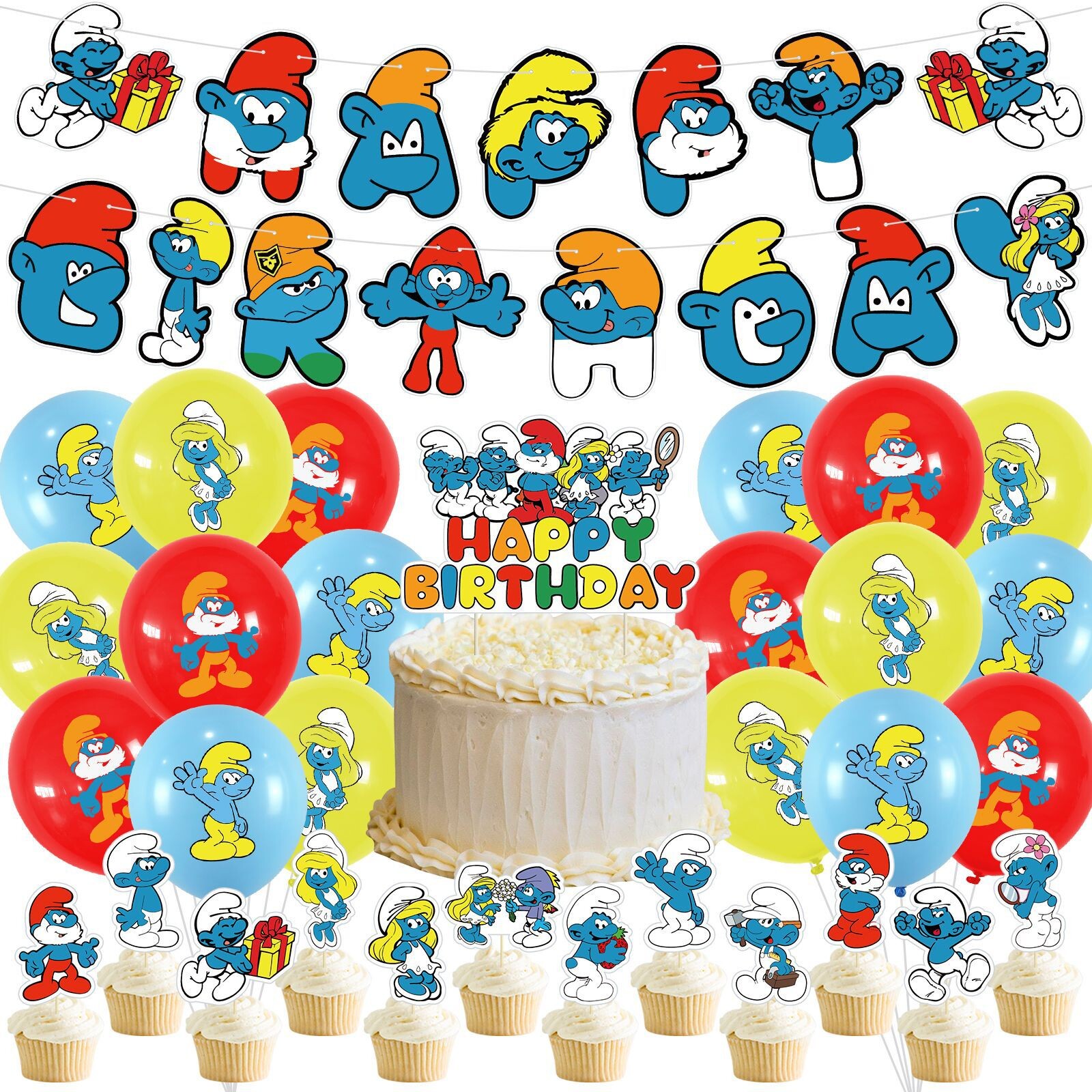 Smurfs theme birthday party decoration banner balloon set children's ...
