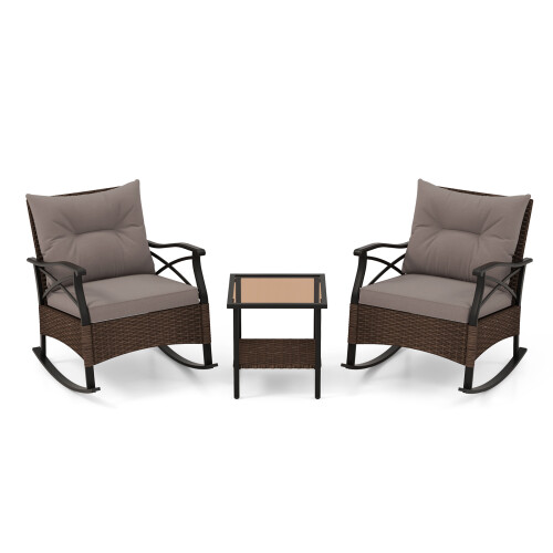 3 Piece Patio Swivel Rocker Set Wicker Rocking Chairs w/ Back Cushions ...