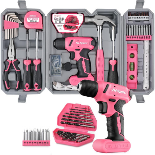 (57 Piece, Pink) 57 Pink Hand Tool Set with 8V USB Cordless Power ...