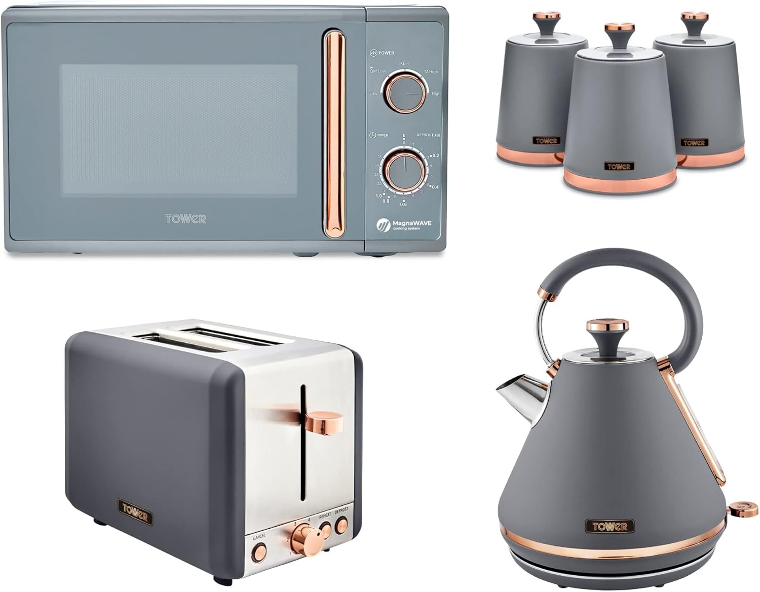 Tower Cavaletto Grey Pyramid Kettle Toaster Microwave & Canisters Set ...