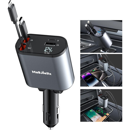 4 in 1 Retractable Car Charger USB C Fast Charging Adapter Max100W with Lightning Cable Dual Charge Port Compatible with iPhone 15 14 13 12 11 Pro M on OnBuy