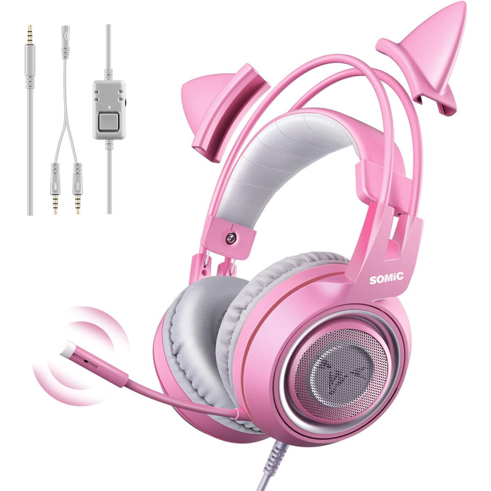 G951s Pink Stereo Gaming Headset with Mic for PS4 Xbox PC Mobile Phone 3.5mm Noise Reduction Cat Ear Headphones Lightweight Over Ear Headphones for Gi on OnBuy