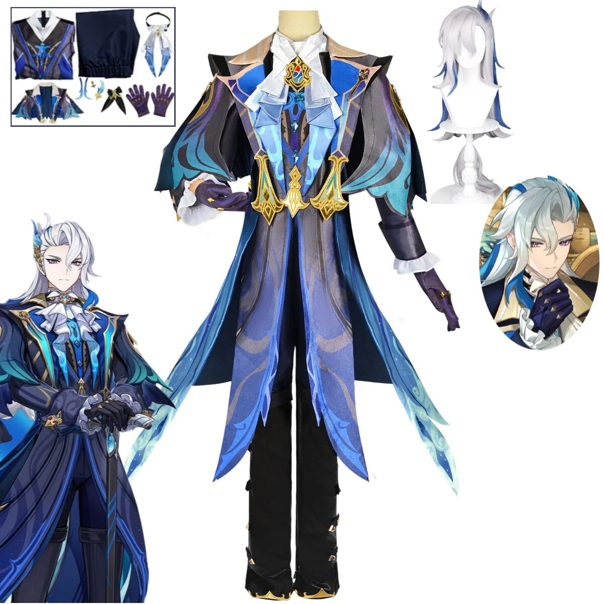 (L) Game Genshin Impact Neuvillett Kostum Cosplay Full Set Uniforms ...