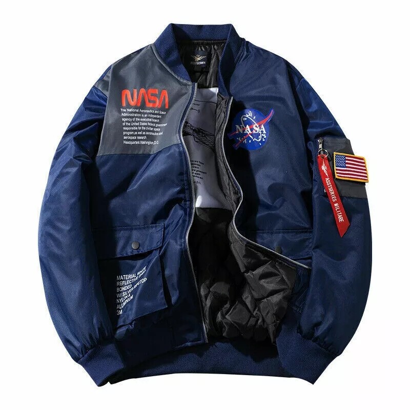 (Blue Quilted, 3XL) Athletic Mens Flight Jacket NASA Style Bomber Coat ...