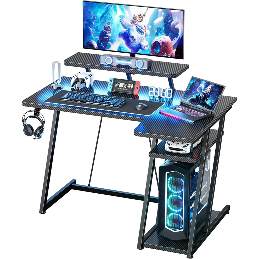 (100cm, Black) Gaming Desk with LED Lights, Computer Desk with Monitor ...