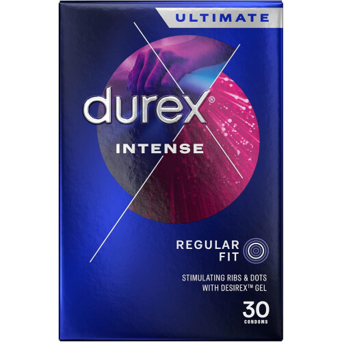 Durex Intense Condoms, Regular Fit, 30s, Easy On Shape, Dotted and Ribbed, Extra Stimulation ...
