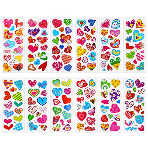 Cobee 3D Love Heart Stickers for Kids, 12 Sheets Colorful Puffy Sticker ...