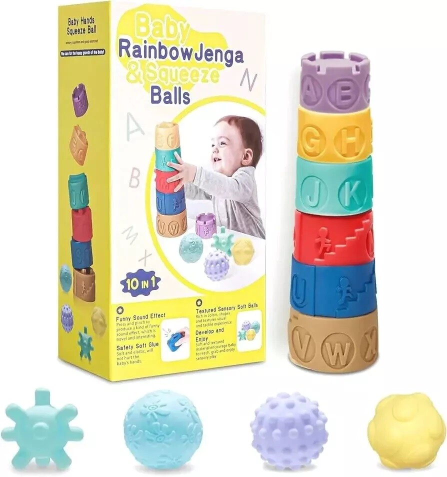 Rainbow Jenga Baby Stacking Blocks and squeeze balls 10 in 1 on OnBuy