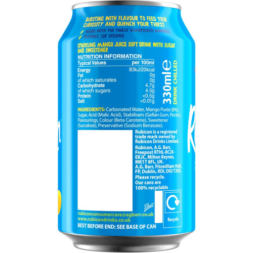 Rubicon 24 Pack Sparkling Mango Flavoured Fizzy Drink with Real Fruit ...