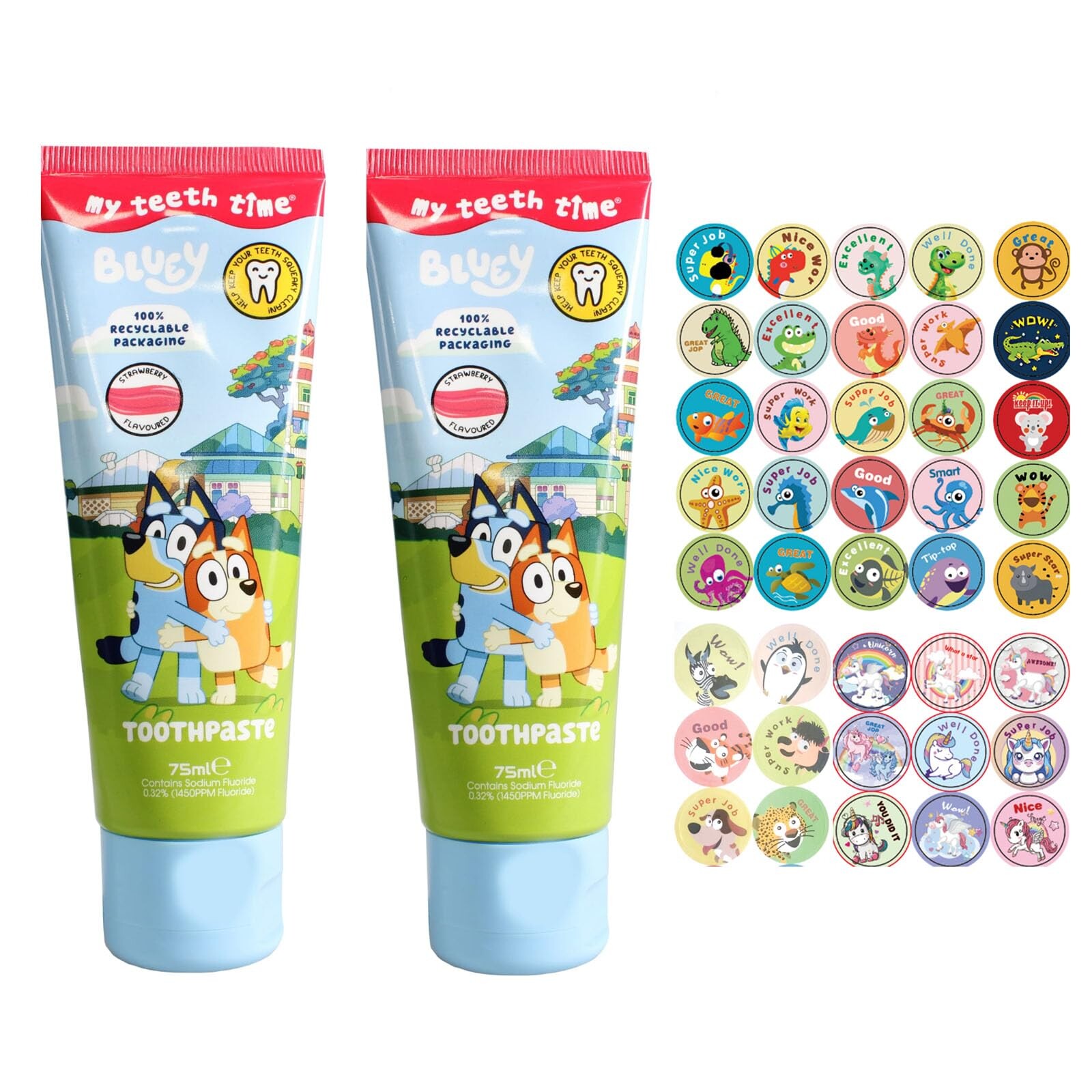 Bluey Toothpaste Twin Pack (Strawberry) with Homlix Reward 100 Stickers ...
