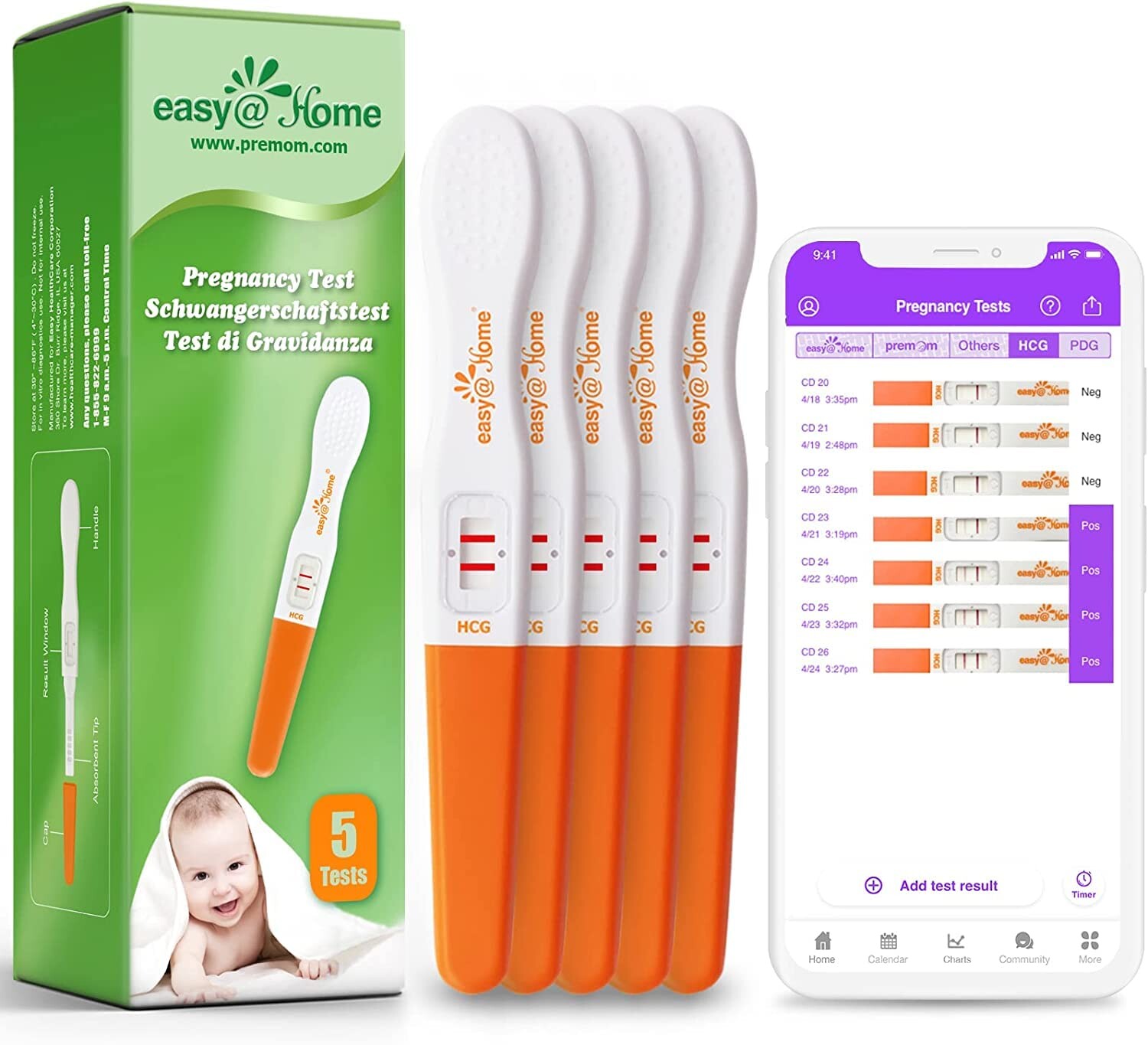 Pregnancy Early Detection Test Sticks: Easy@Home 5-Pack hCG Midstream ...