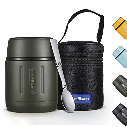Food Flask with Valve | Soup Thermo with Insulated Bag & Folding Spoon ...