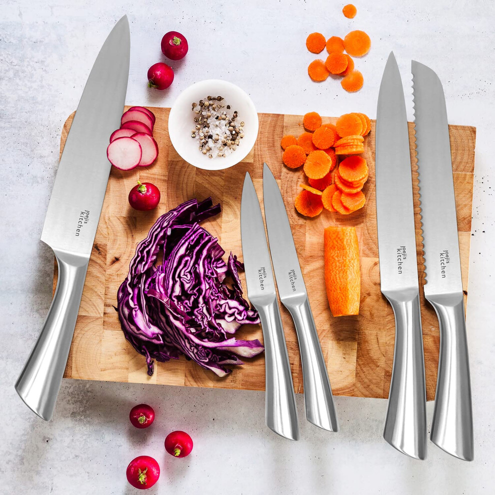 5 in 1 Chef Knife Set High Carbon Stainless Steel Kitchen Knives Single Forged All Metal Kitchen Knife Set with Bread Knife Chef Knife Santoku Knife